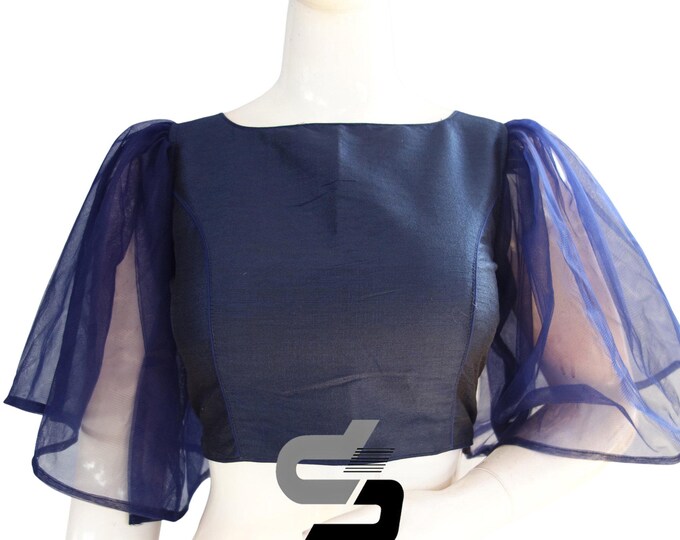 Navy Blue Color Plain Silk Netted Ruffle Sleeves Readymade Saree Blouse ...