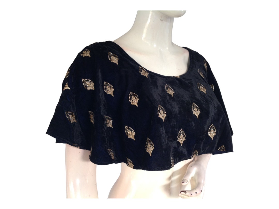 Navy Blue Velvet Ponchos Readymade Saree Blouse, Indian Designer Choli ...