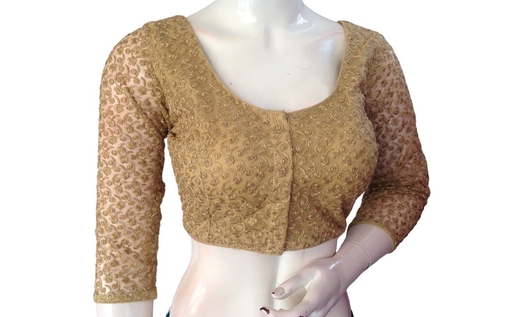 Gold Saree Blouse,3/4th Sleeves Readymade Blouses, Netted Sleeves Choli ...