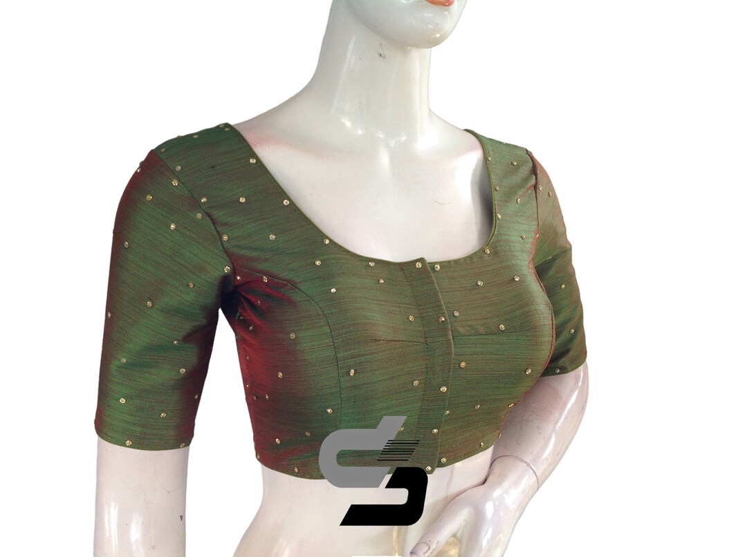 Olive Green Color Plain Moti Stone Work Indian Saree Readymade Blouse ...