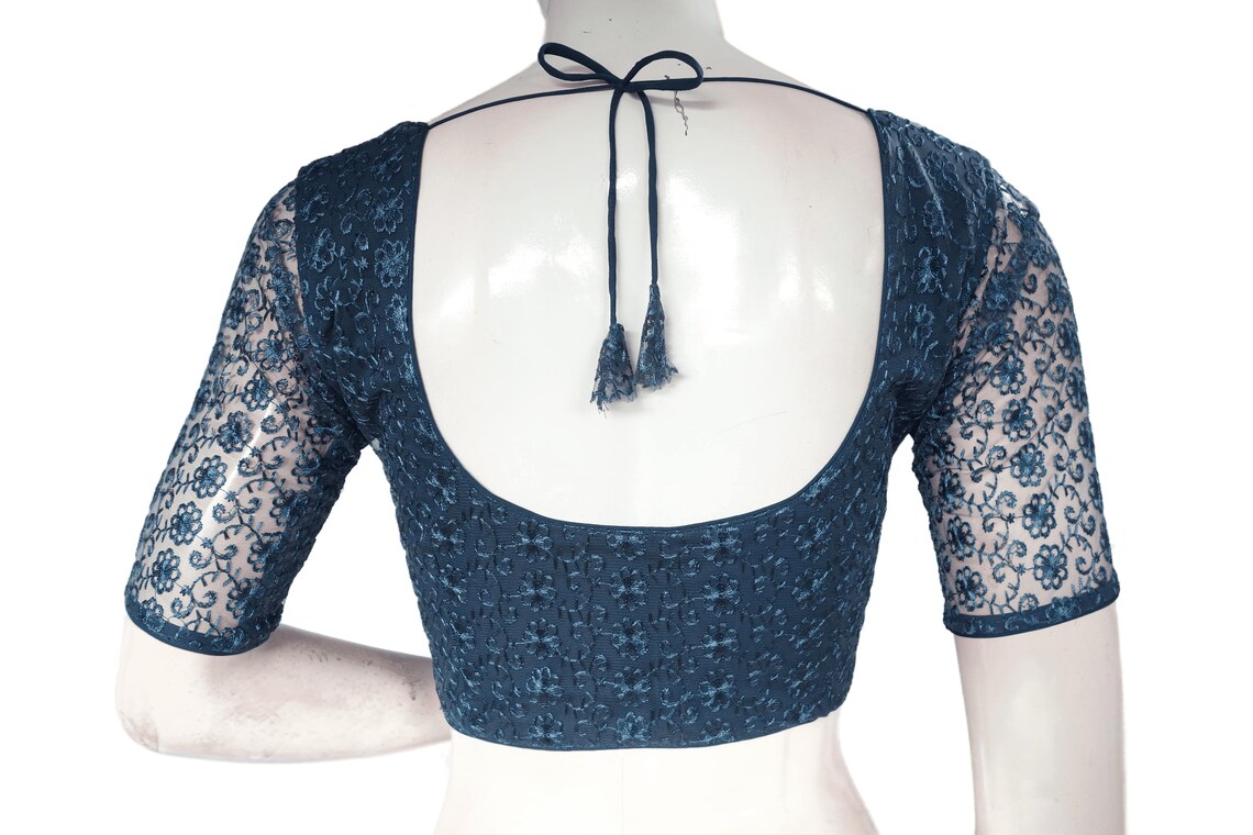 Navy Color Embroidery Netted Sleeves Readymade Saree Blouse - Etsy