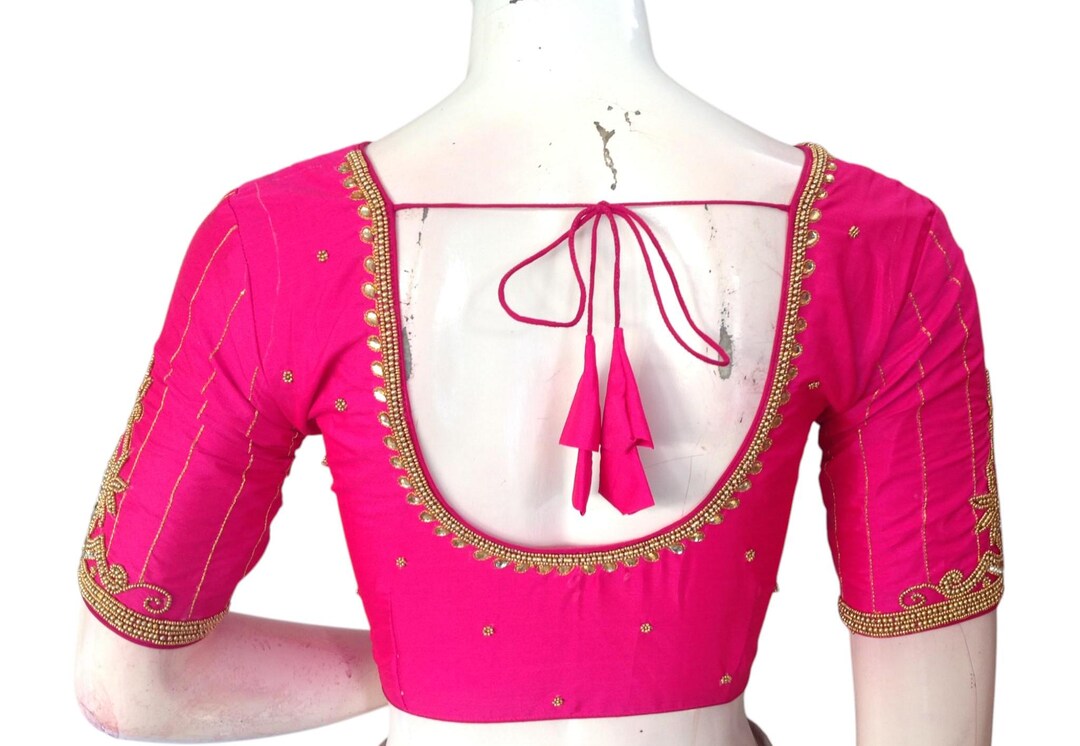 Aari Elegance: Rani Pink Wedding Hand-work Silk Saree Ready Made Blouse ...