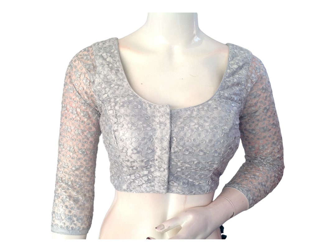 Silver Saree Blouse,3/4th Sleeves Readymade Blouses, Netted Sleeves ...
