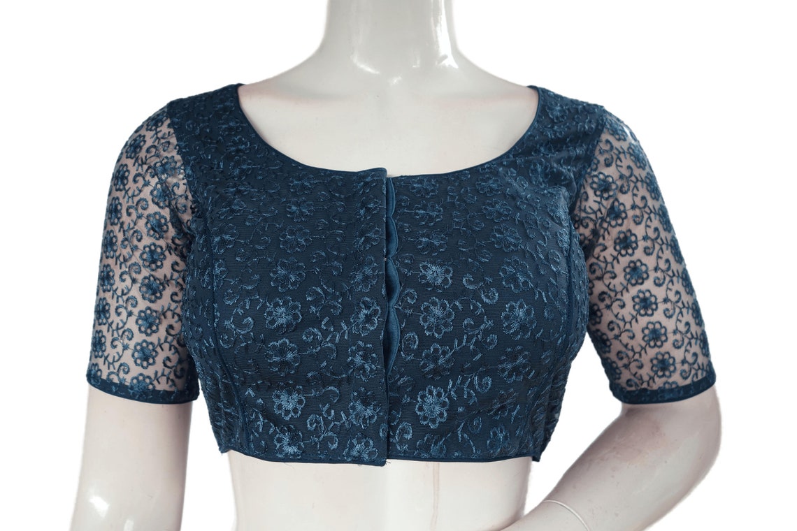 Navy Color Embroidery Netted Sleeves Readymade Saree Blouse - Etsy