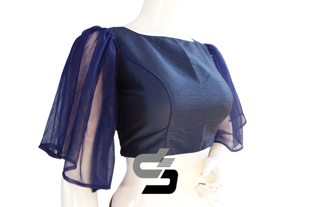 Navy Blue Color Plain Silk Netted Ruffle Sleeves Readymade Saree Blouse ...