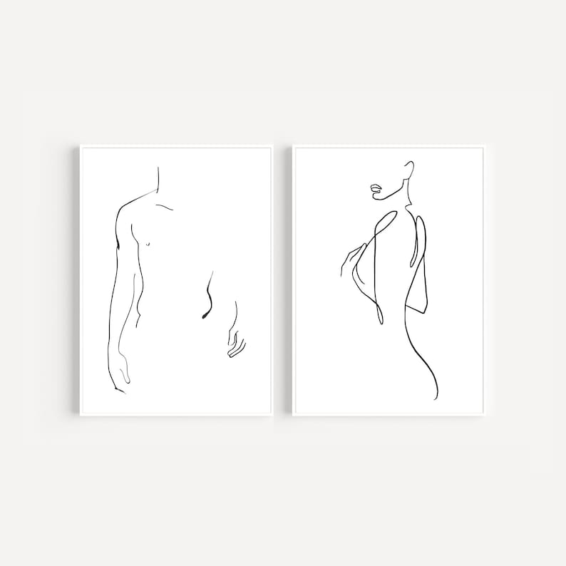 Man and Woman Line Art Set of 2, One Line Drawing, Body Outline Prints ...