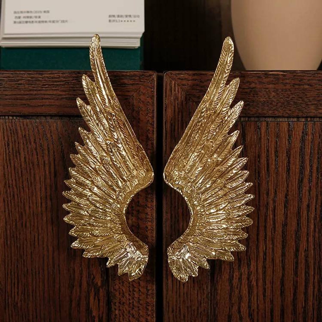 A Pair of Large Gold Brass Angel Wing Cabinet Pulls/feathery Wing Door ...