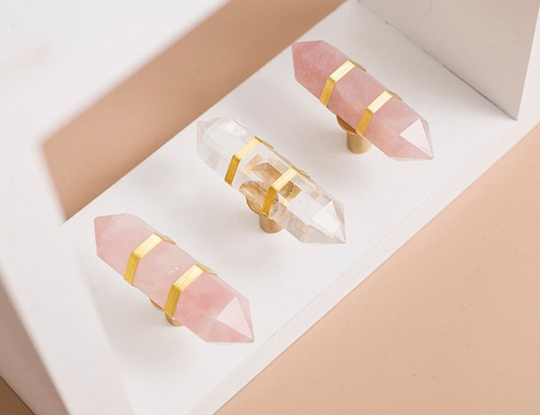 White or Rose Quartz Hexagonal Cabinet Bar Handle With Gold Wire ...