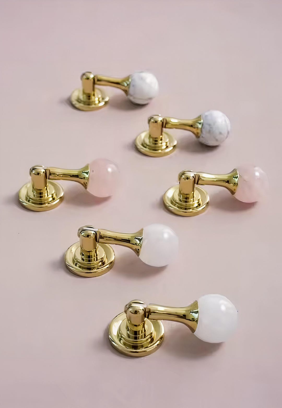 Shiny Gold Drop Handle in Rose Quartz, White Quartz and Marble/gemstone ...