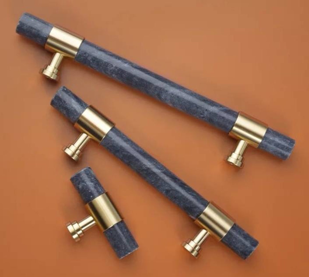 Smoke Grey Marble and Brass Bar Handle/gray Marble Drawer Pull/stone ...