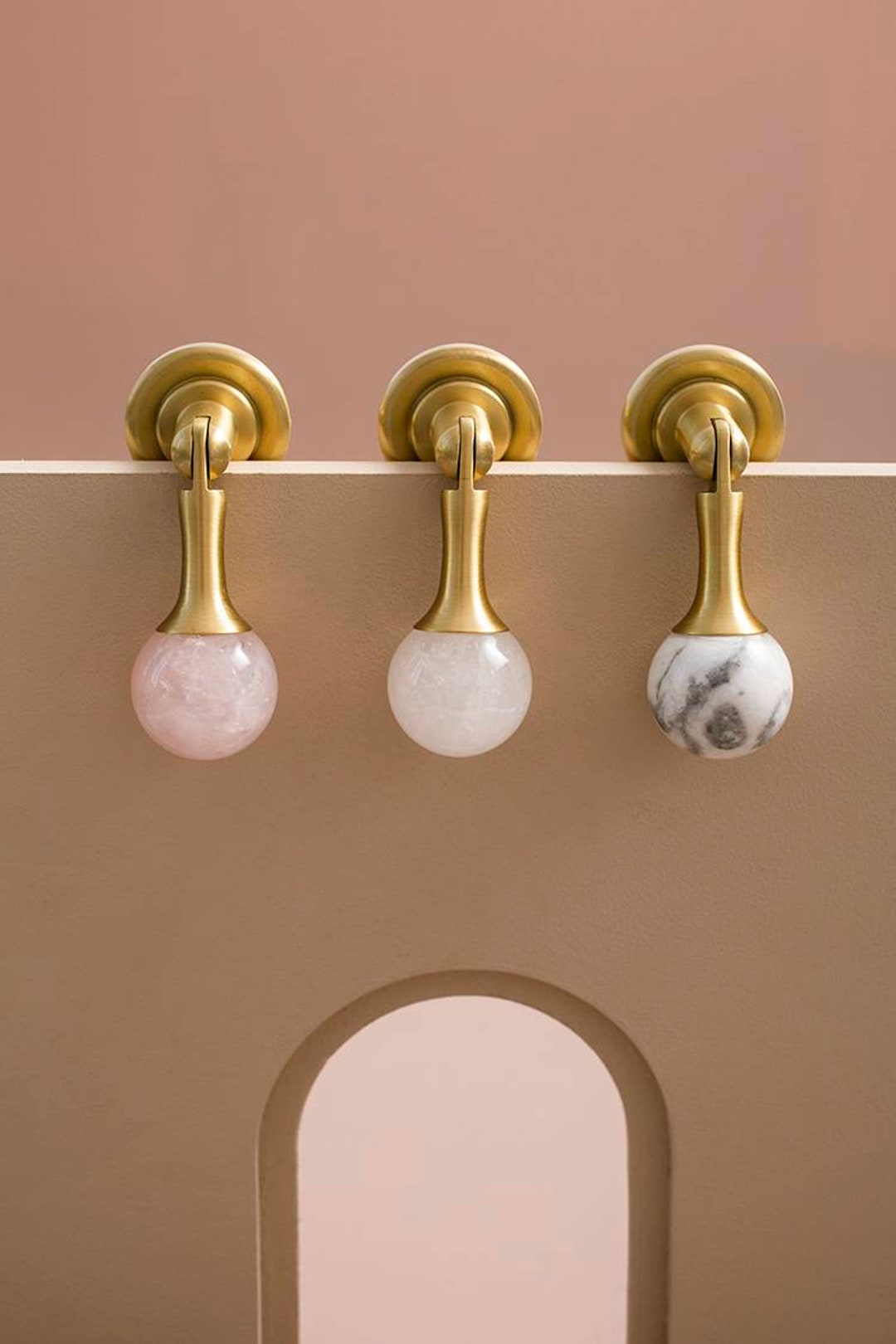 Gold Stone Ball Drop Handle in Rose Quartz, White Quartz and Marble ...