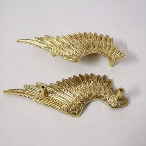 A Pair of Large Gold Brass Angel Wing Cabinet Pulls/feathery Wing Door ...