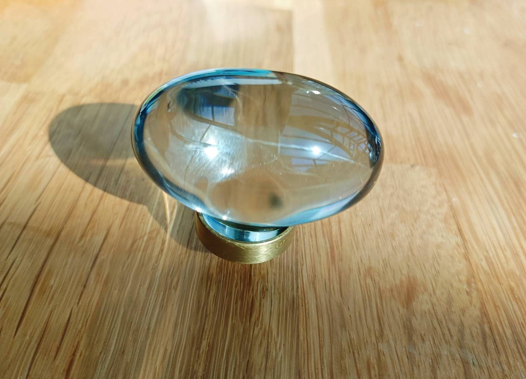 Grey Oval Crystal and Brass Cabinet Pull/retro Cool Grey Egg Shape Crystal Drawer Knob/mid ...