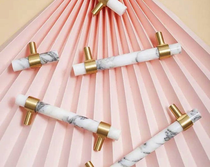 Marble Drawer Knobs Pulls Handles/ Nature Marble Cabinet Pulls/ Brass ...