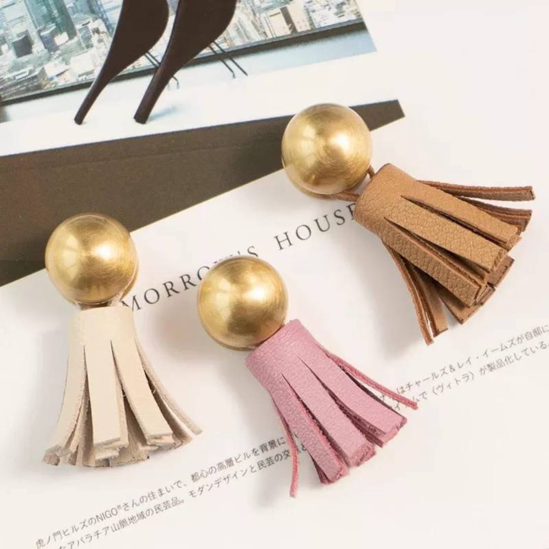 Gold Brass and Leather Tassel Drawer Handle/brass and Leather Tassel ...