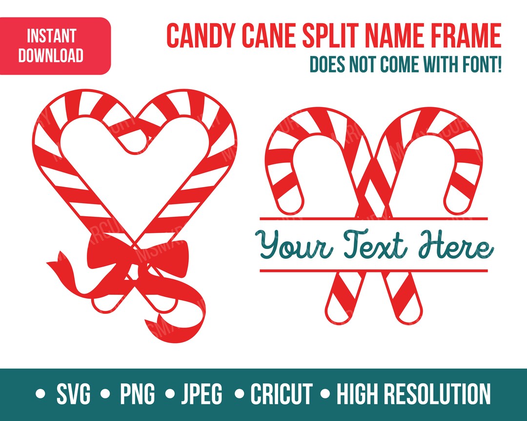 Candy Cane SVG File, Split Name Frame - Ribbon Heart, Monogram Svg, Cut ...