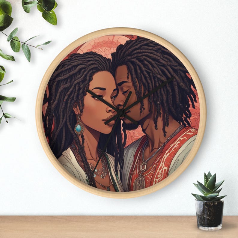 Romantic Love Wall Clock Featuring Afrocentric Art, Perfect for Home ...