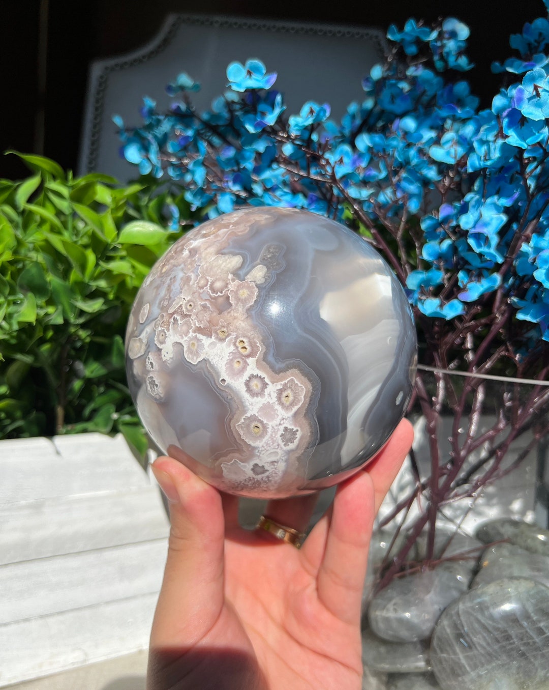 XXL Incredible Blue Flower Agate Sphere, Huge Flower Agate, Rare Blue ...