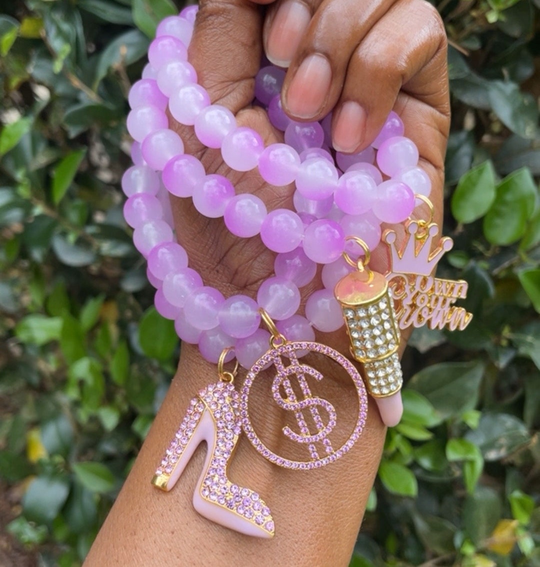Purple Gold Rhinestone Beaded Heel Money Dollar Sign Lipstick Own Your ...
