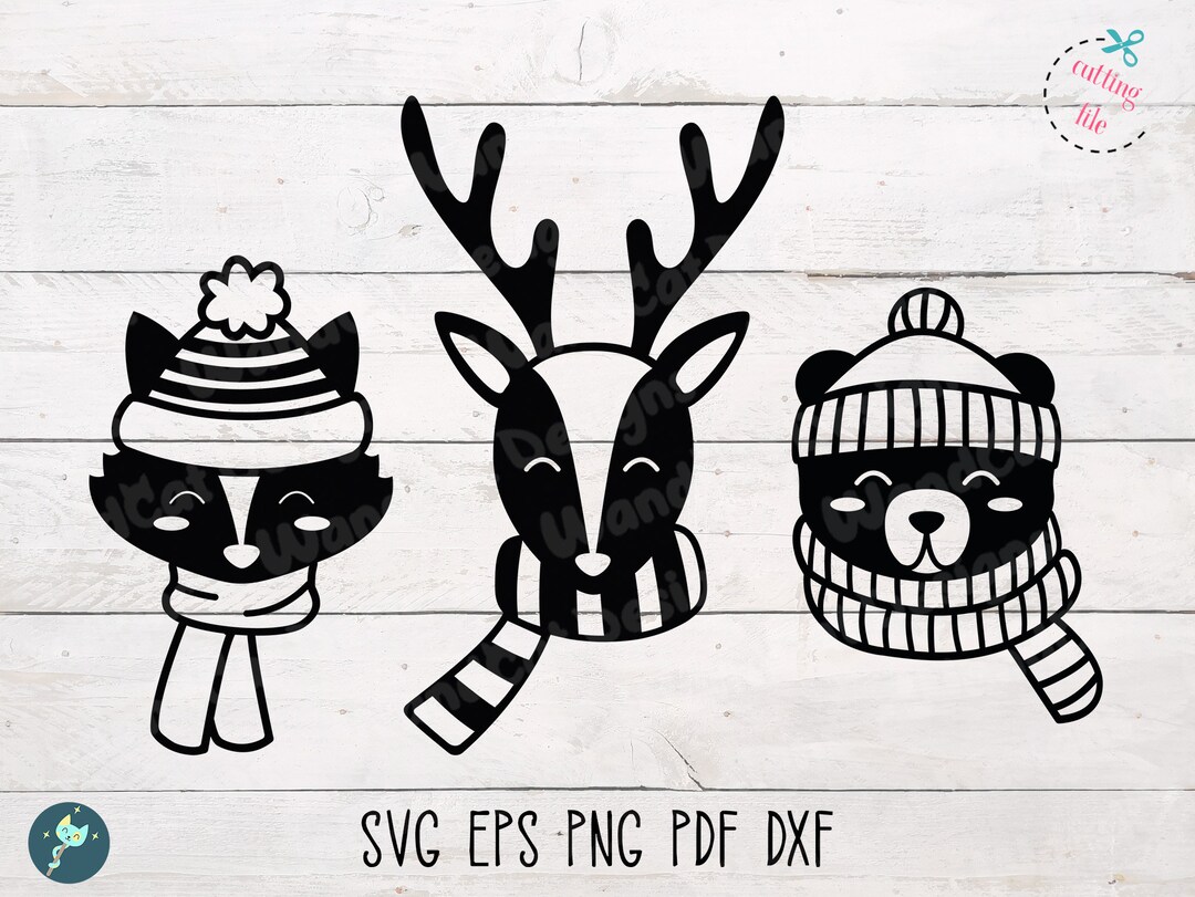 Winter Animals Svg, Cute Fox Svg, Deer Svg, Bear, Animals With Hat and ...