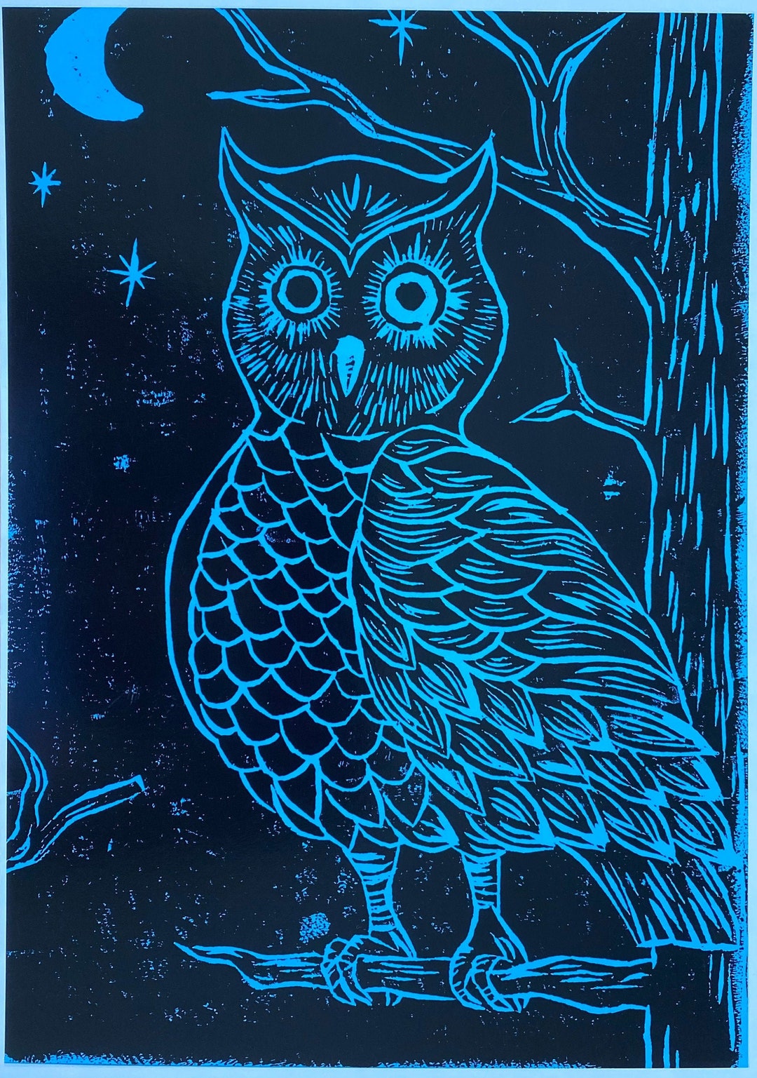 Blue Owl - Woodblock Art Print - Etsy