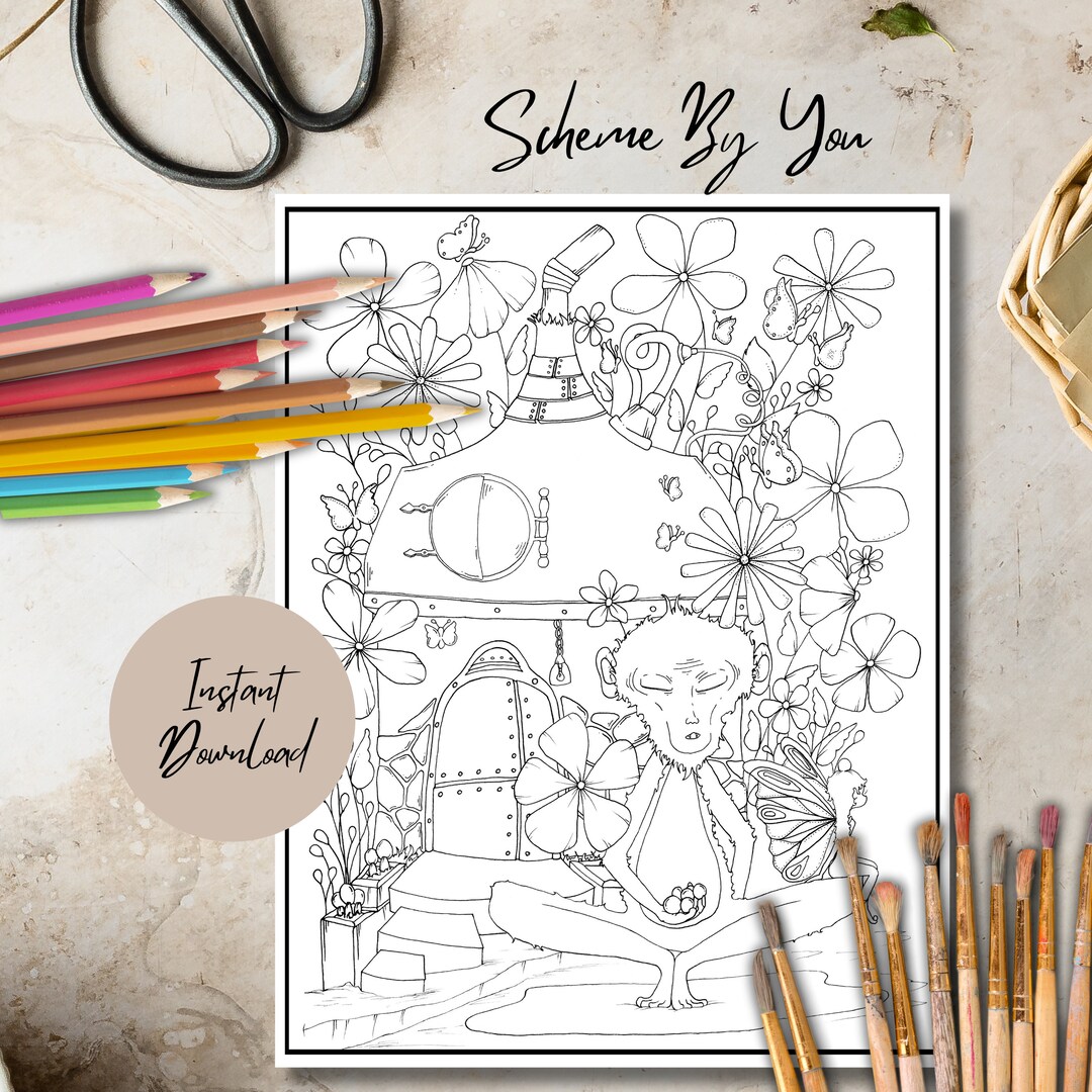 Monkey & Fairy House Coloring Page: Whimsical Wildflower Scene (PDF ...
