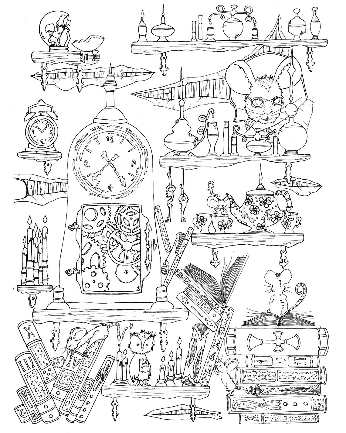 Steampunk Wall of Time Coloring Poster: Antique Clocks & Books (16x20 ...