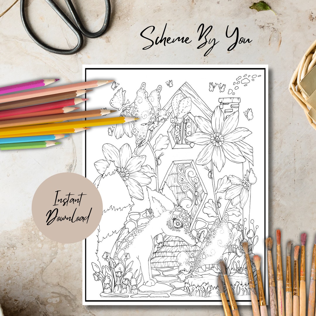 The Fox and the Fairy Whimsical Coloring Page - Instant Printable ...