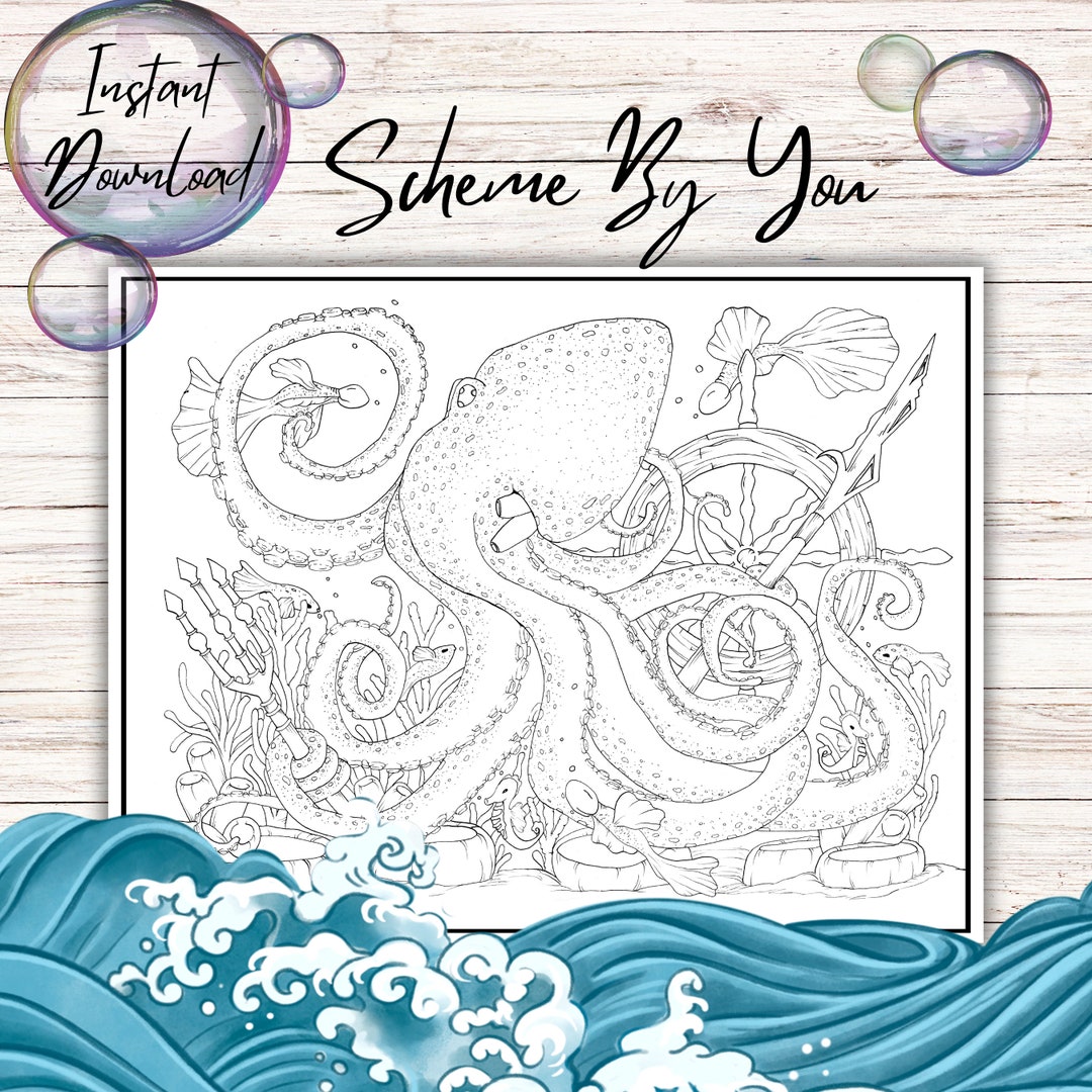Octopus Adult Coloring Page / Deep Sea Nautical Scene / Instant ...