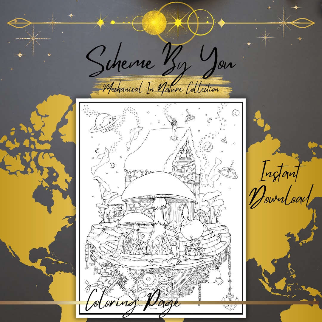 Steampunk Mushroom Island Coloring Page: Aliens & Nymph (digital ...