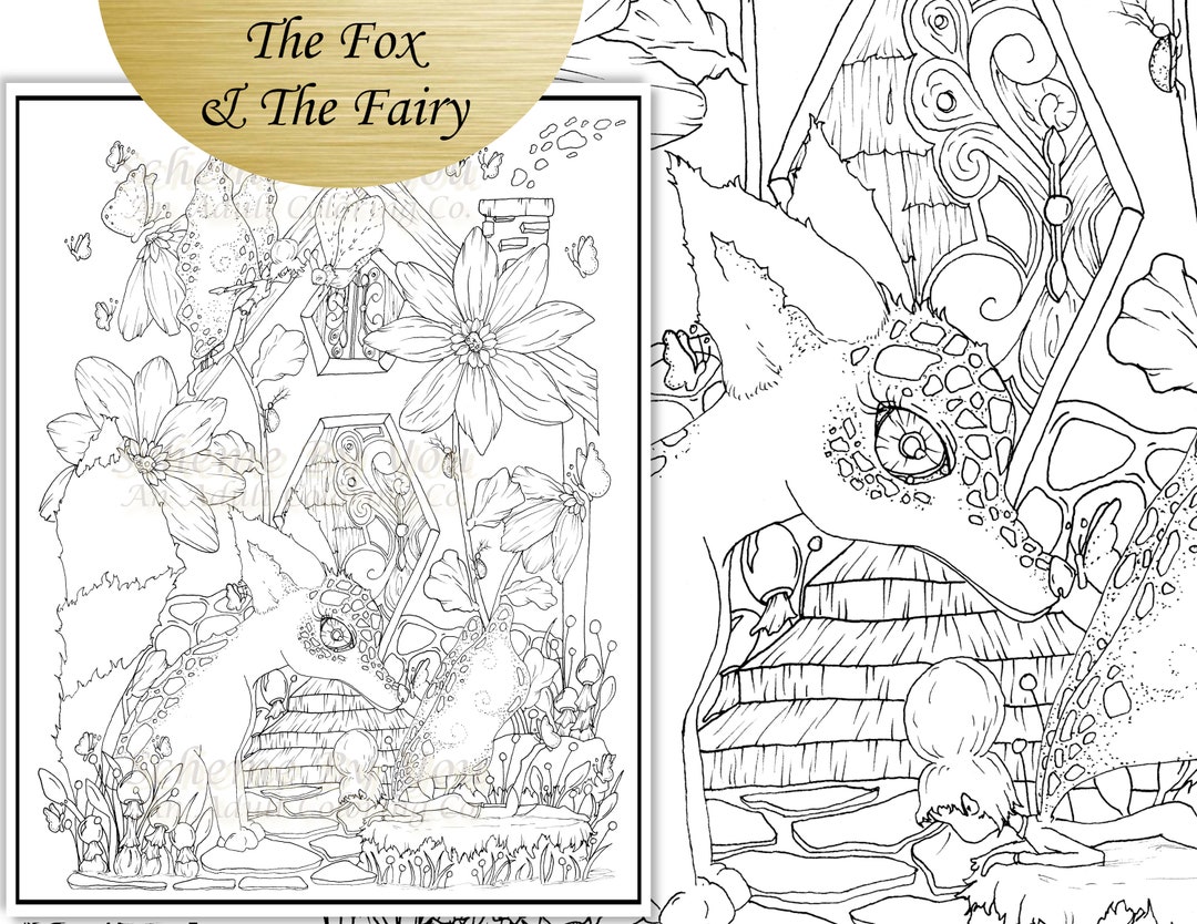 The Fox and the Fairy Whimsical Coloring Page Instant Printable ...