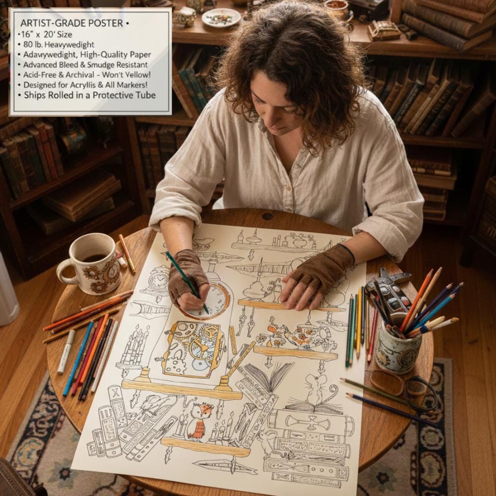 Steampunk Wall of Time Coloring Poster: Antique Clocks & Books (16x20 ...