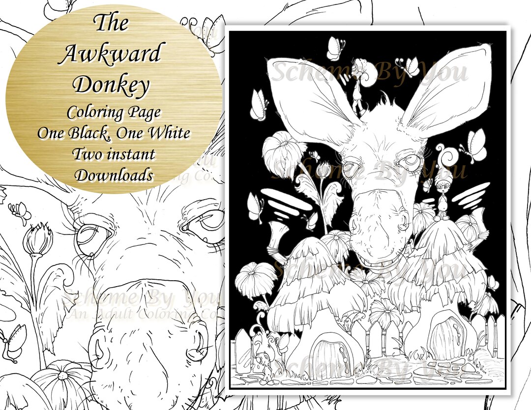 Whimsical Coloring Page Awkward Donkey Peeking at Gnome Mushroom Houses ...