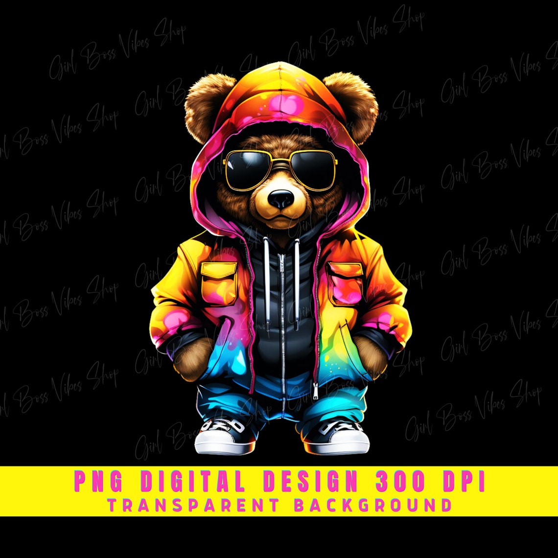 Neon Graffiti Teddy Bear PNG DTF Design for T-shirts Hoodies - Etsy