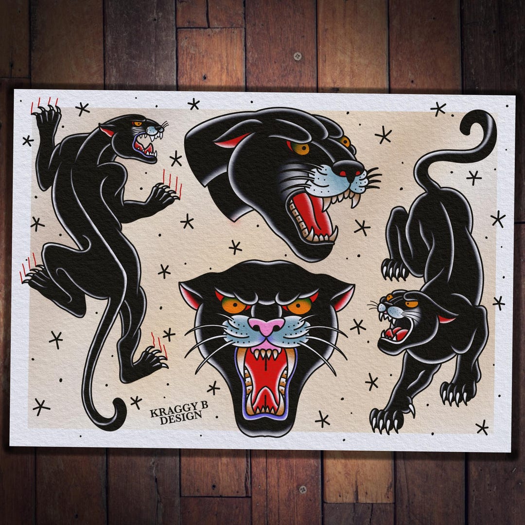Traditional Panther Tattoo Flash Sheet Tattoo Print Gift Tattoo Wall ...