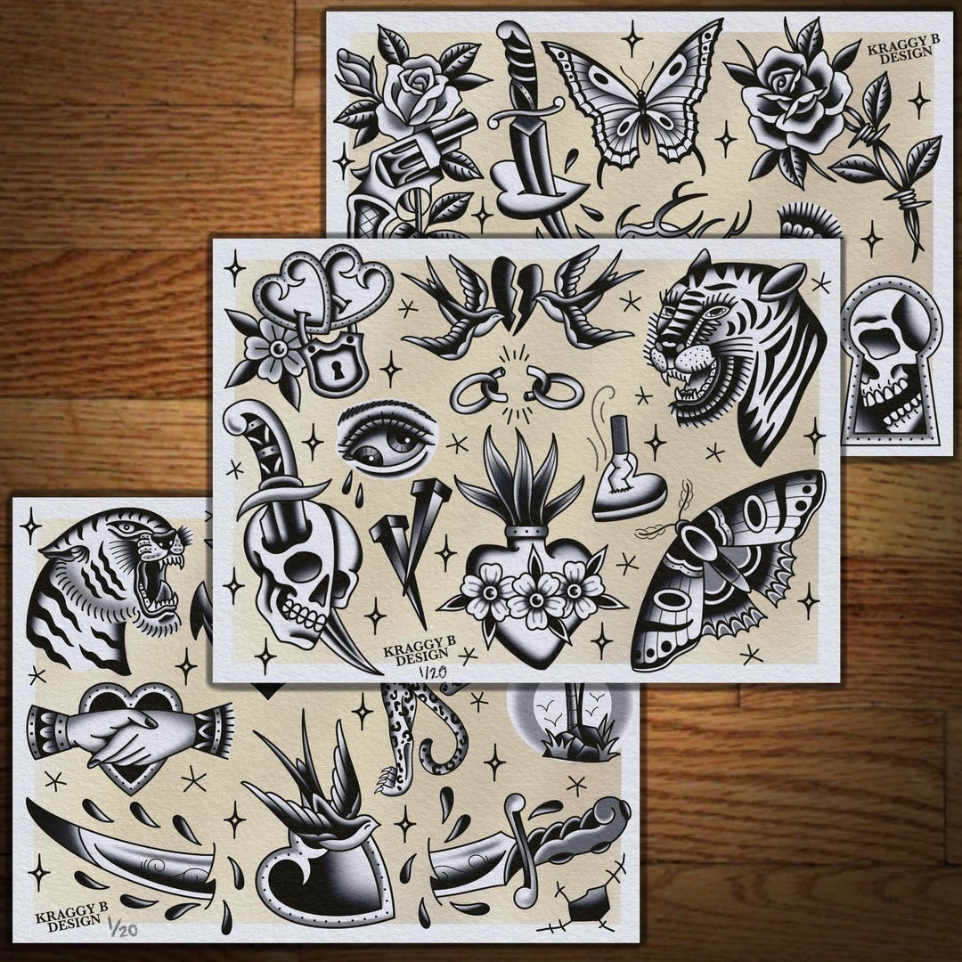 Set of 3 Traditional Tattoo Flash Sheet Tattoo Print Gift Tattoo Wall ...