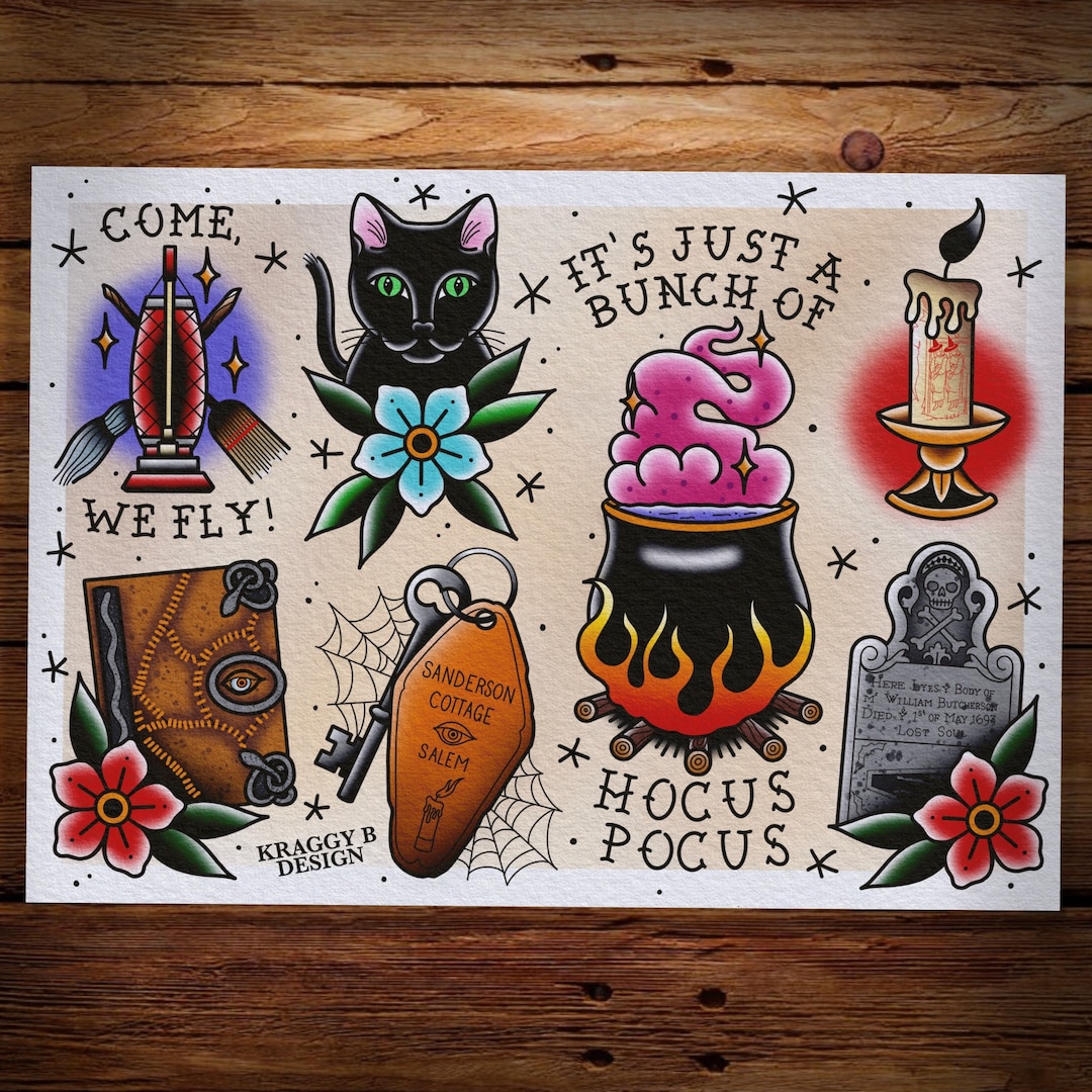 Hocus Pocus Traditional Tattoo Flash Sheet Tattoo Print Gift Tattoo ...