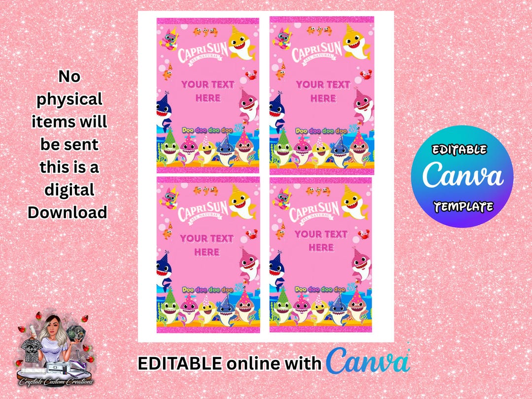 Shark Baby Capri Sun Labels-juice Pouch Labels Editable Canva Digital ...