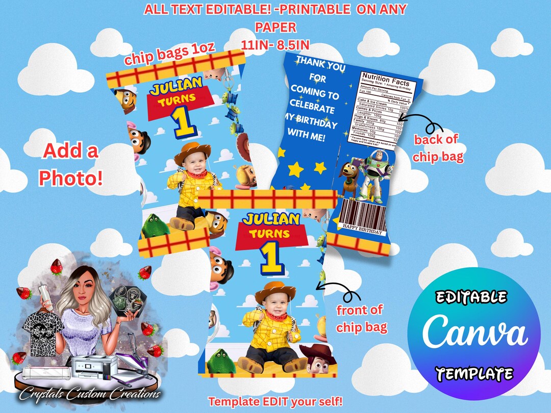 Photo Toy Story Chip Bag Template:editable Party Favor (canva Digital ...