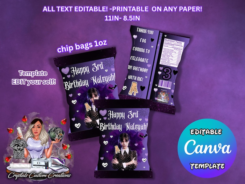 Wednesday Chip Bag Template: Editable Party Favor (canva Digital ...