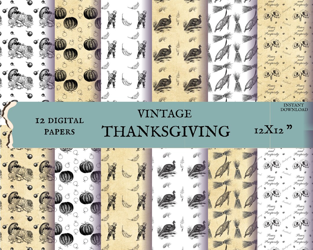 Vintage Thanksgiving Digital Paper, Set of 12 Printable Sheets With 6 ...