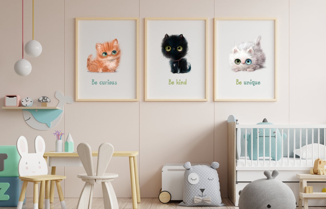 Kittens Printable Nursery Wall Art, Set of 3 Cute Cat Illustrations ...
