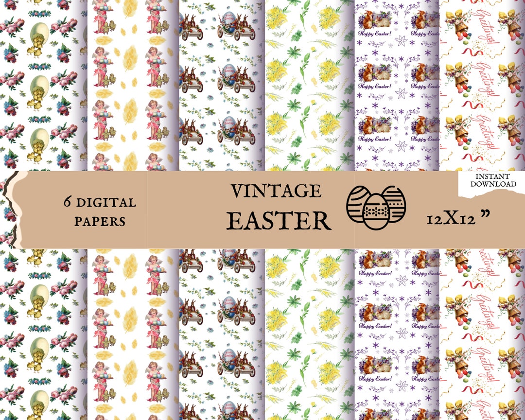 Easter Digital Paper With Vintage Design, Set of 6 Retro Art Wrapping ...