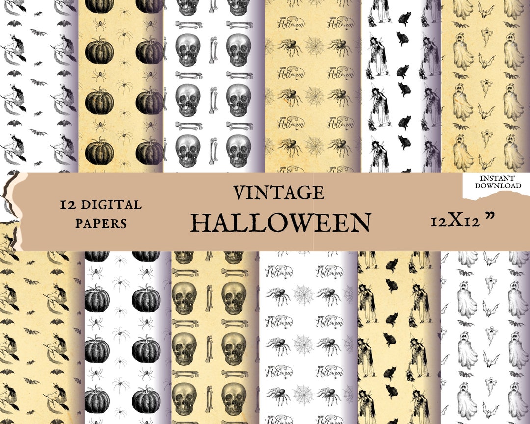 Vintage Halloween Digital Paper, Set of 12 Printable Sheets With 6 ...
