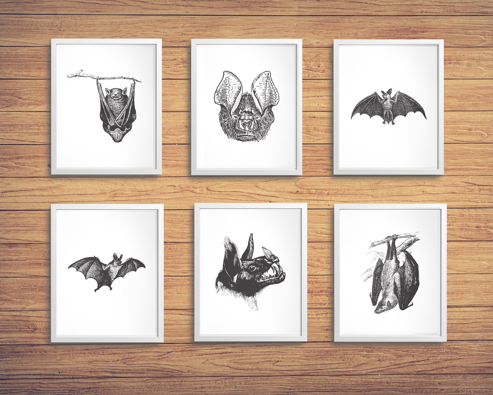 Vintage Halloween Bats Printable Wall Art, Set of 6 Black & White Bat ...