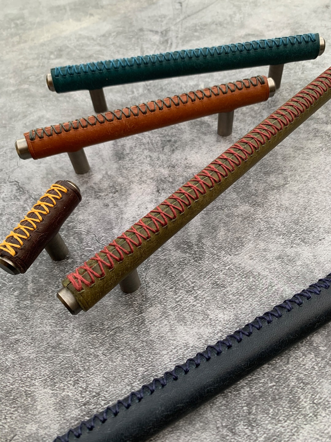 Handmade Leather Cabinet T-bar Handle: Pewter Finish, Italian Leather ...