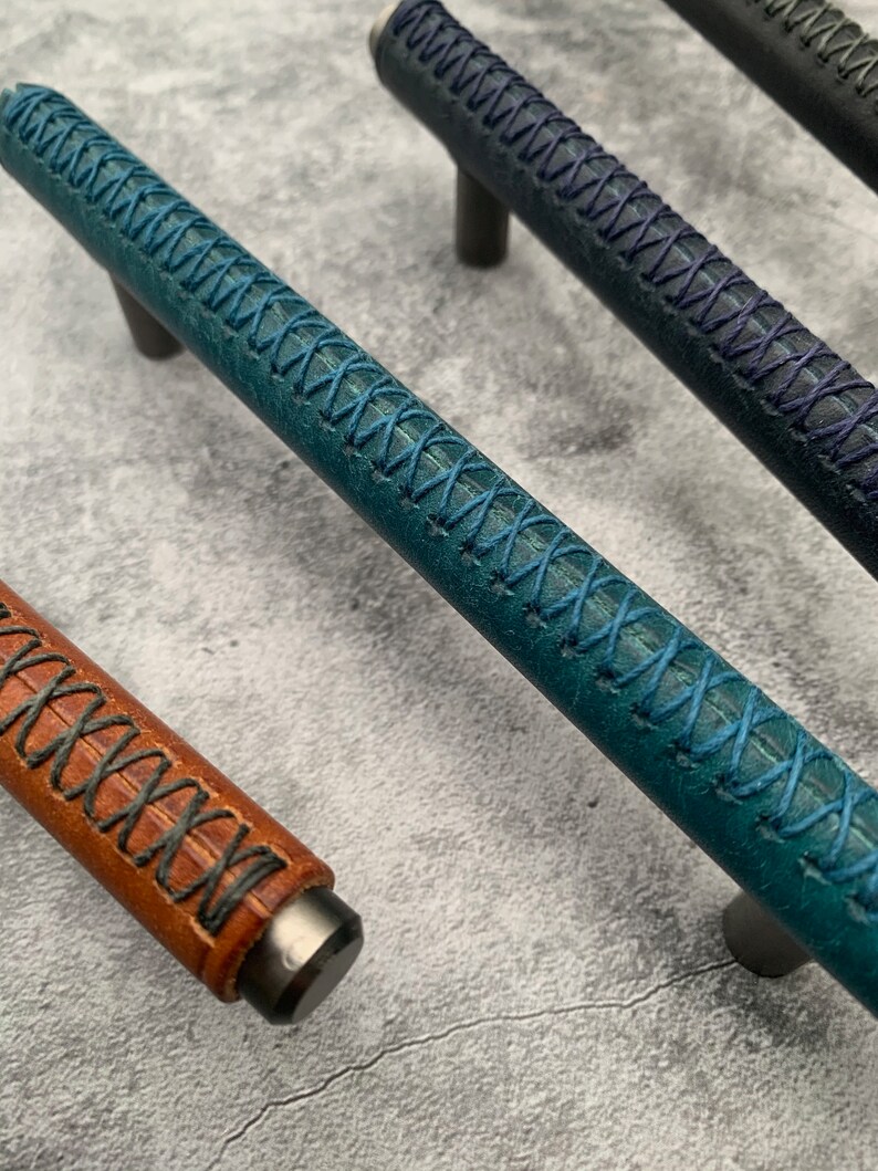 Handmade Leather Cabinet T-bar Handle: Pewter Finish, Italian Leather ...