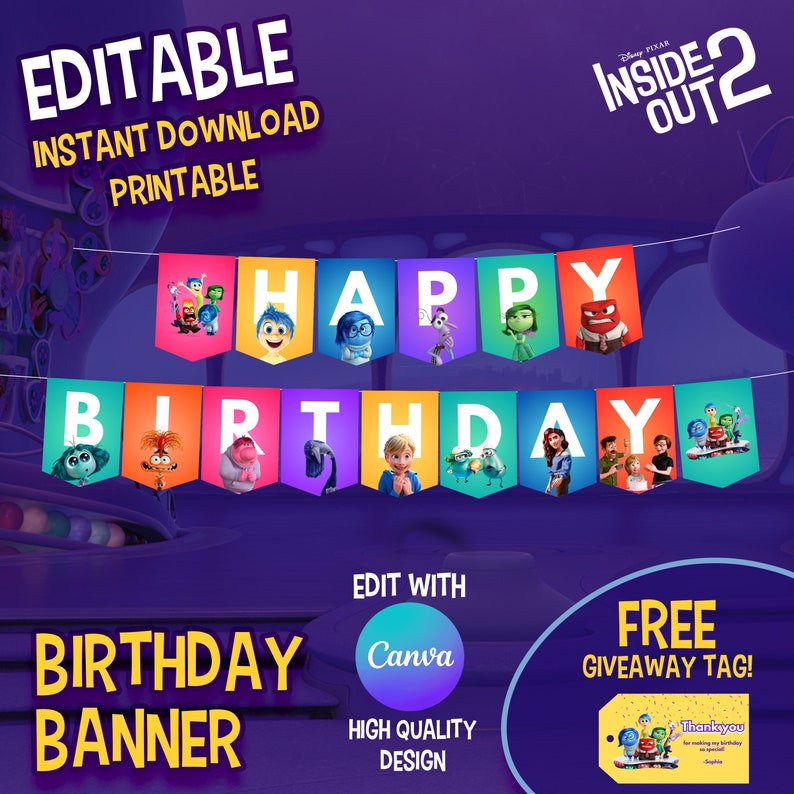 EDITABLE | Instant Download | Inside Out 2 Birthday Banner Template - Etsy