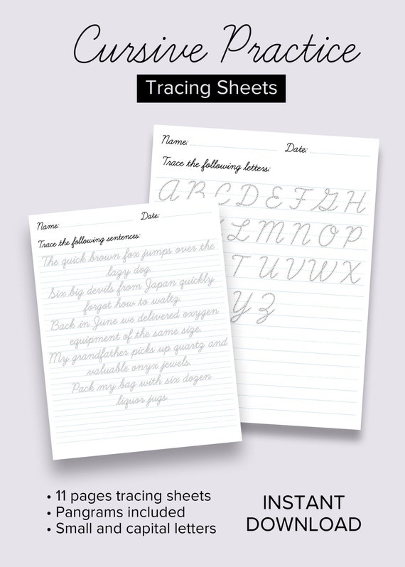 Cursive Tracing Practice Sheets | Etsy