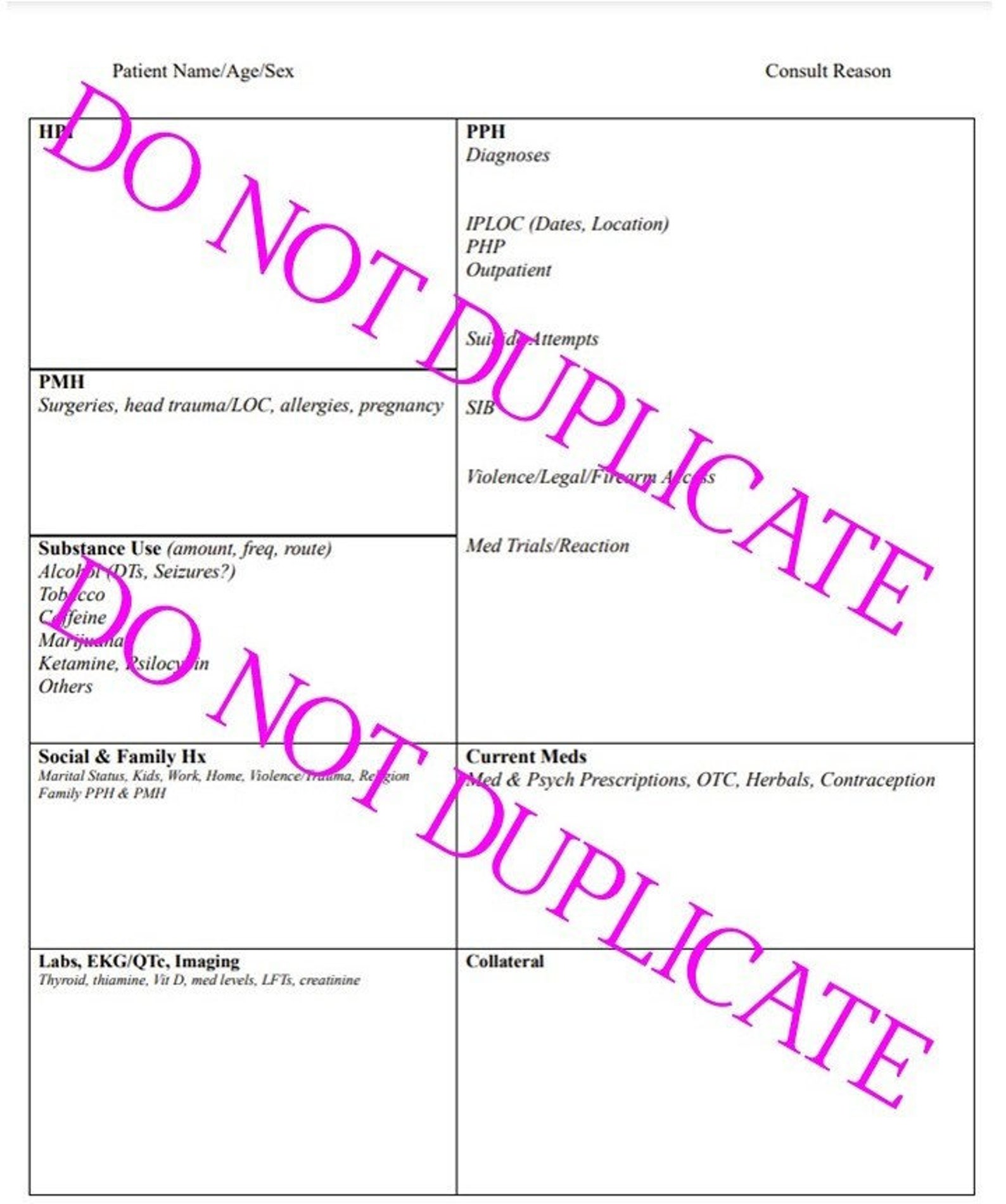 Psychiatry HPI Template Psych History Psychiatric H P Etsy